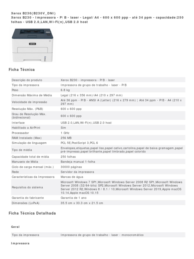 Product Data Sheet - Xerox B230 (B230V - DNI) | PDF | Microsoft ...