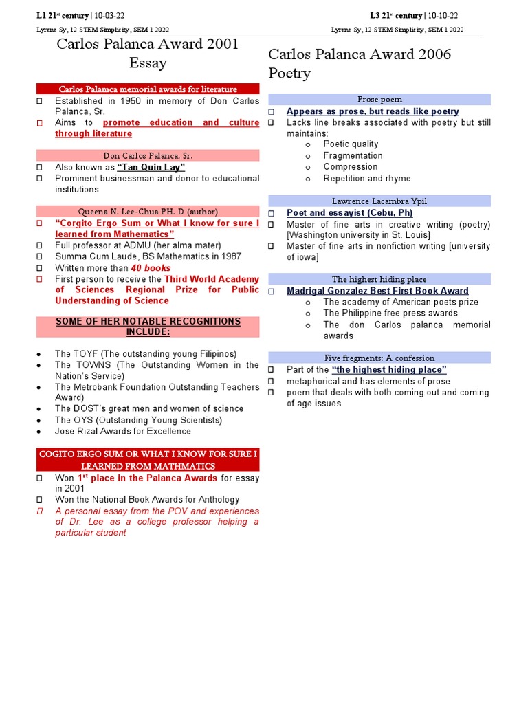 21st L1 and L3 Carlos Palanca Award (Essay and Poetry) Notes | PDF ...