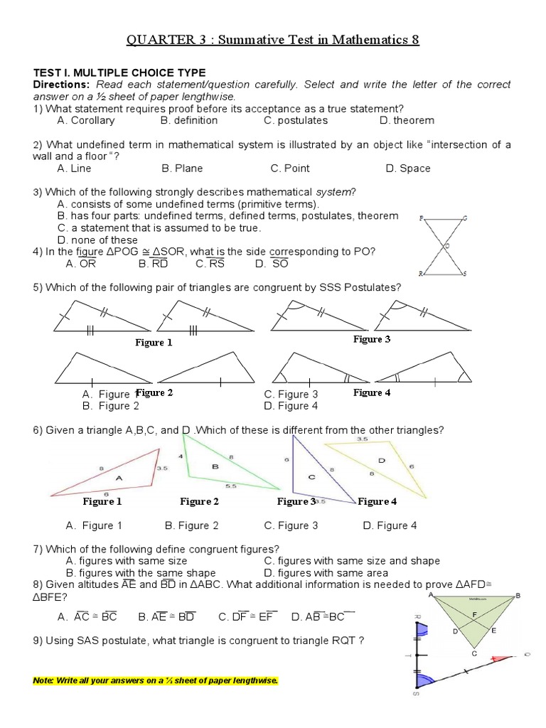 Q3 Summative Test in Math 8 | PDF | Euclid | Elementary Geometry