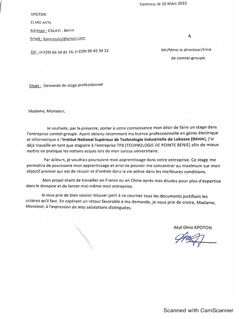 Demande de Stage Professionnel | PDF