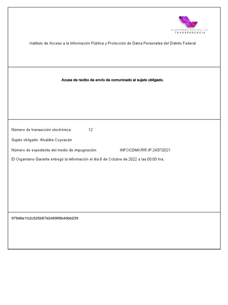 INFOCDMX RR - IP.2437 2021 20221005 0012 A-Co Acuse de Envio de Comunicado Al Sujeto Obligado | PDF
