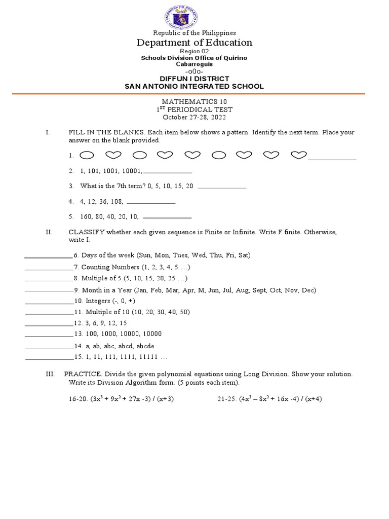 Math 10 Test Questions | PDF | Polynomial | Equations
