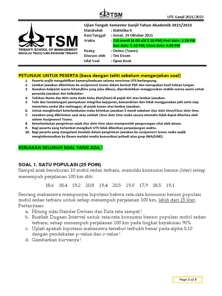 Soal Uts Statistika 2 Ganjil 2021 2022 | PDF