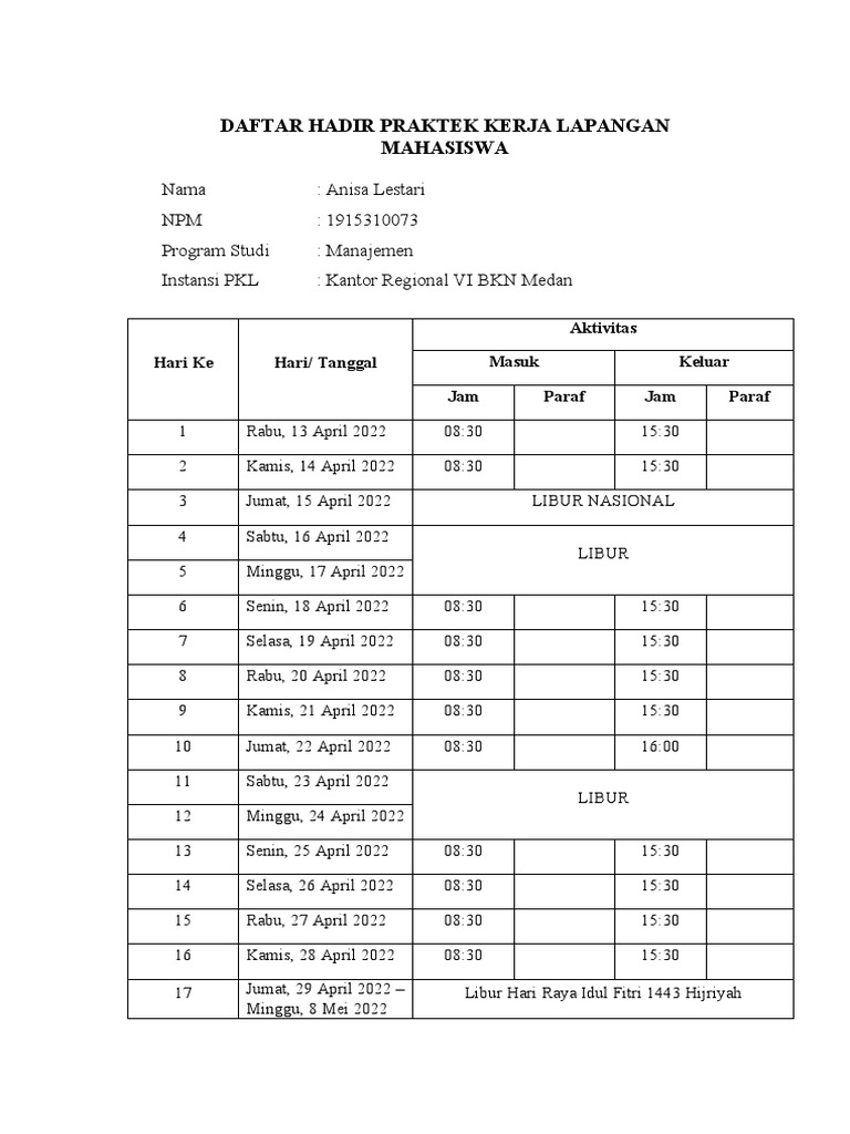 Daftar Hadir PKL-1 | PDF