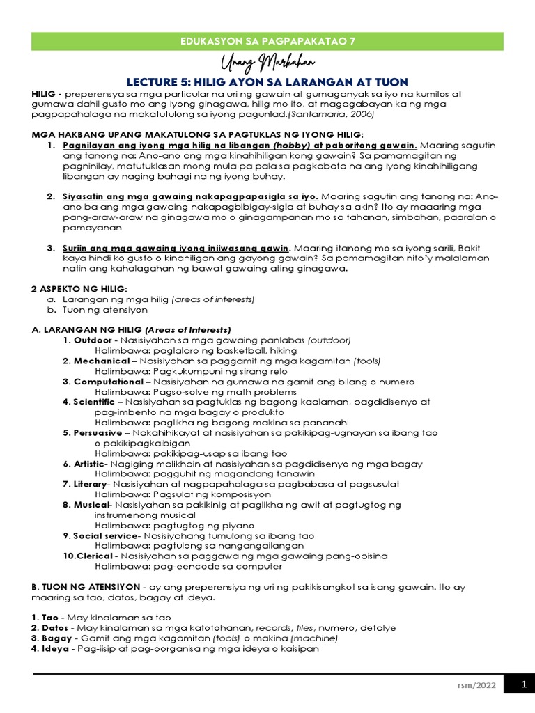 Lecture 5 Hilig Ayon Sa Larangan at Tuon | PDF