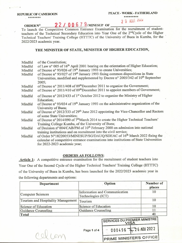 ENSET Kumba 2022/2023 Exam Announcement | PDF | Educational Stages