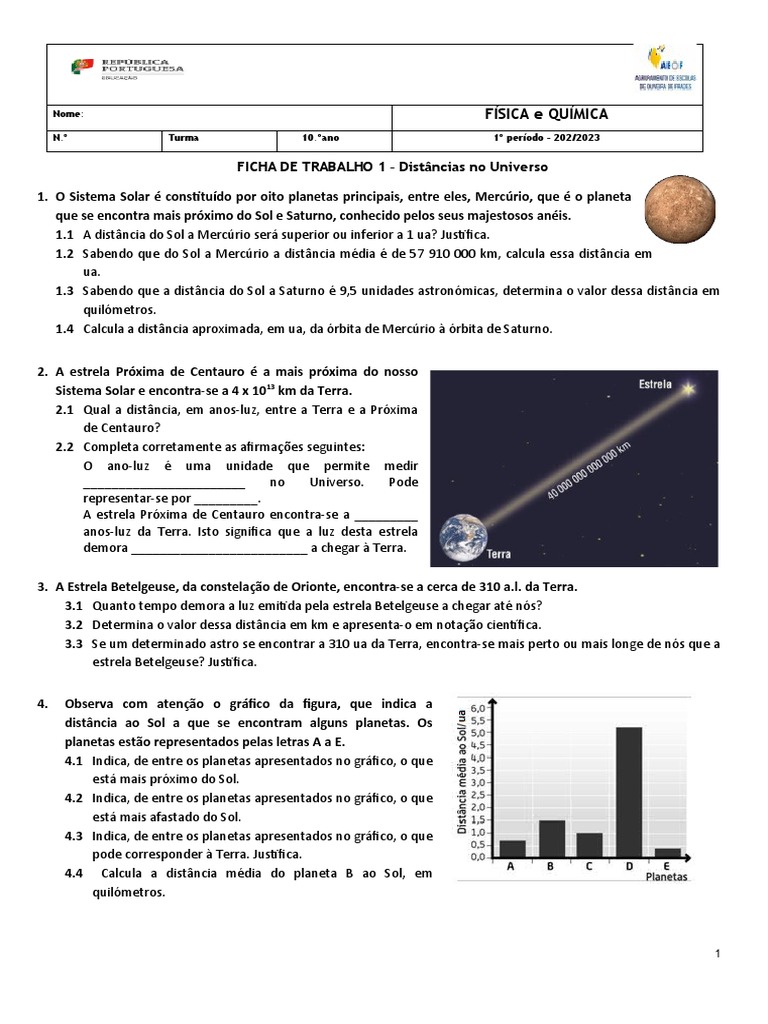Distâncias no Universo - Ficha de Trabalho 1 de Física e Química | PDF | Sol | Unidade astronômica