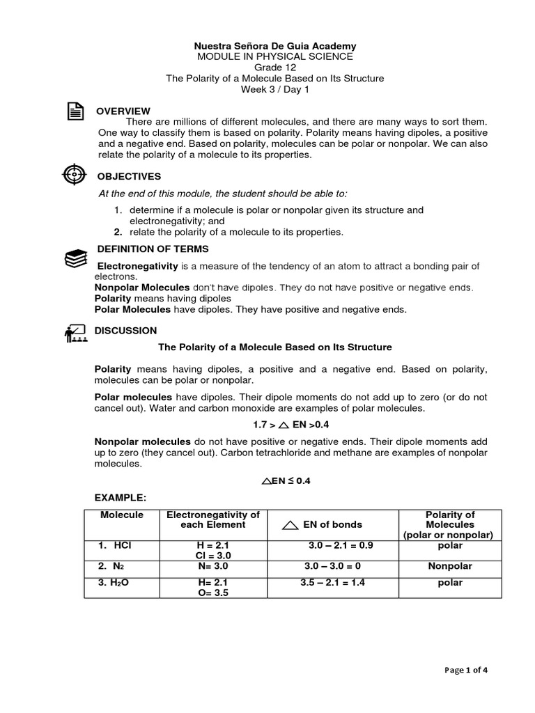 Week 3 Day 1 Module Physical Science | PDF | Chemical Polarity | Chemistry