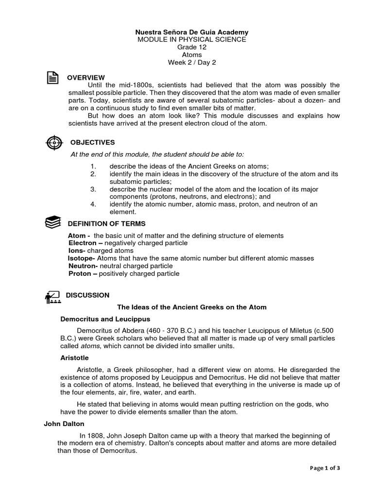 Week 2 Day 2 Module Physical Science | PDF | Atoms | Ion