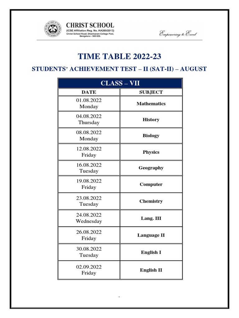7 - SAT-2 - Time Table - 2022 | PDF