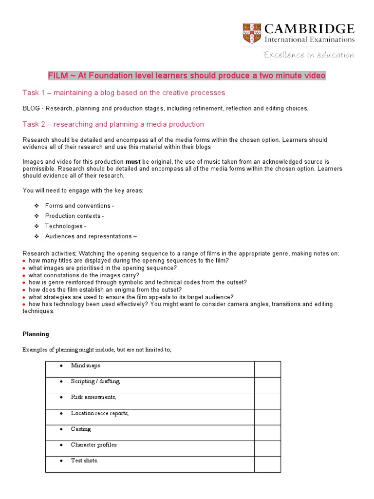 FILM Assignment Coursework CIE V2 | PDF | Blog | Creativity