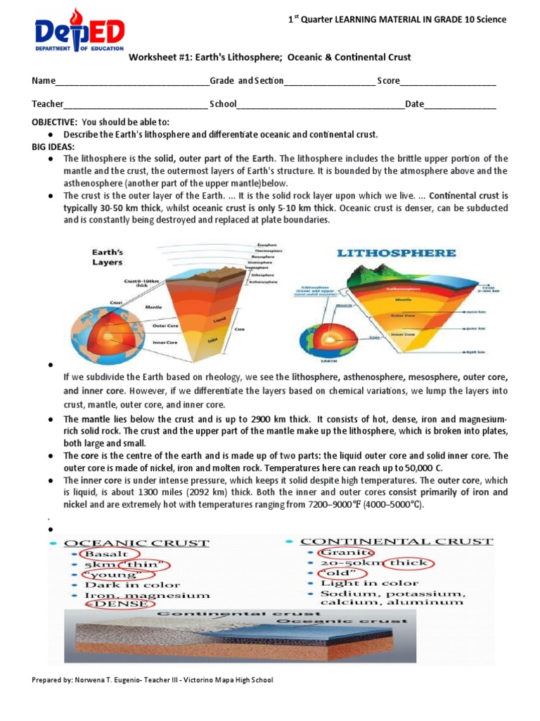 Grade 10 Science Worksheet on Earth's Lithosphere | PDF | Plate ...