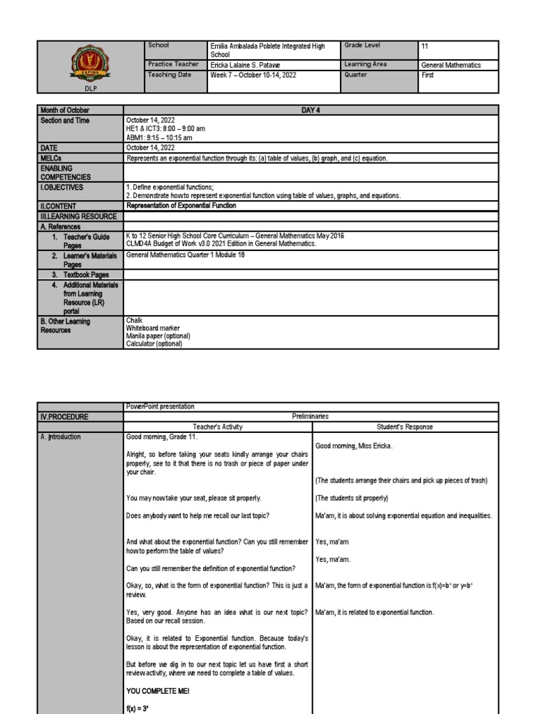 Day4 Genmath Patawe DLP | PDF | Function (Mathematics) | Exponential Function