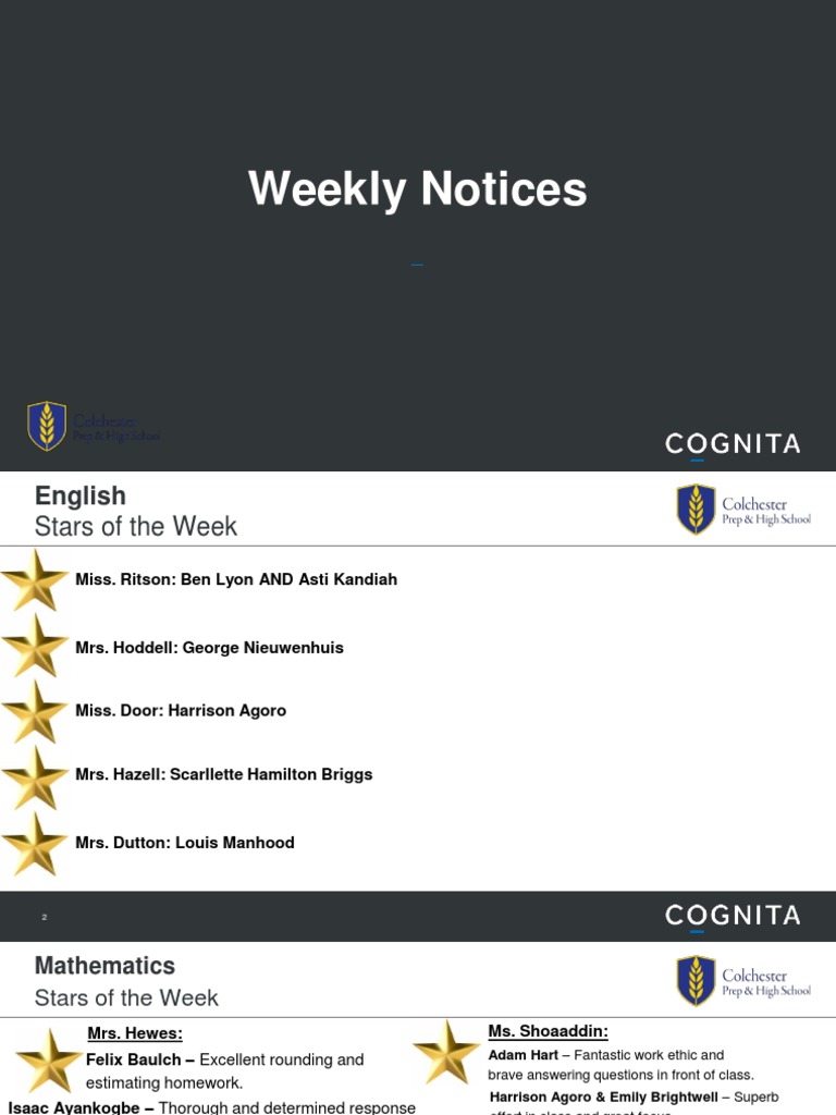 (26-09-22) Senior School Stars of The Week | PDF | Science