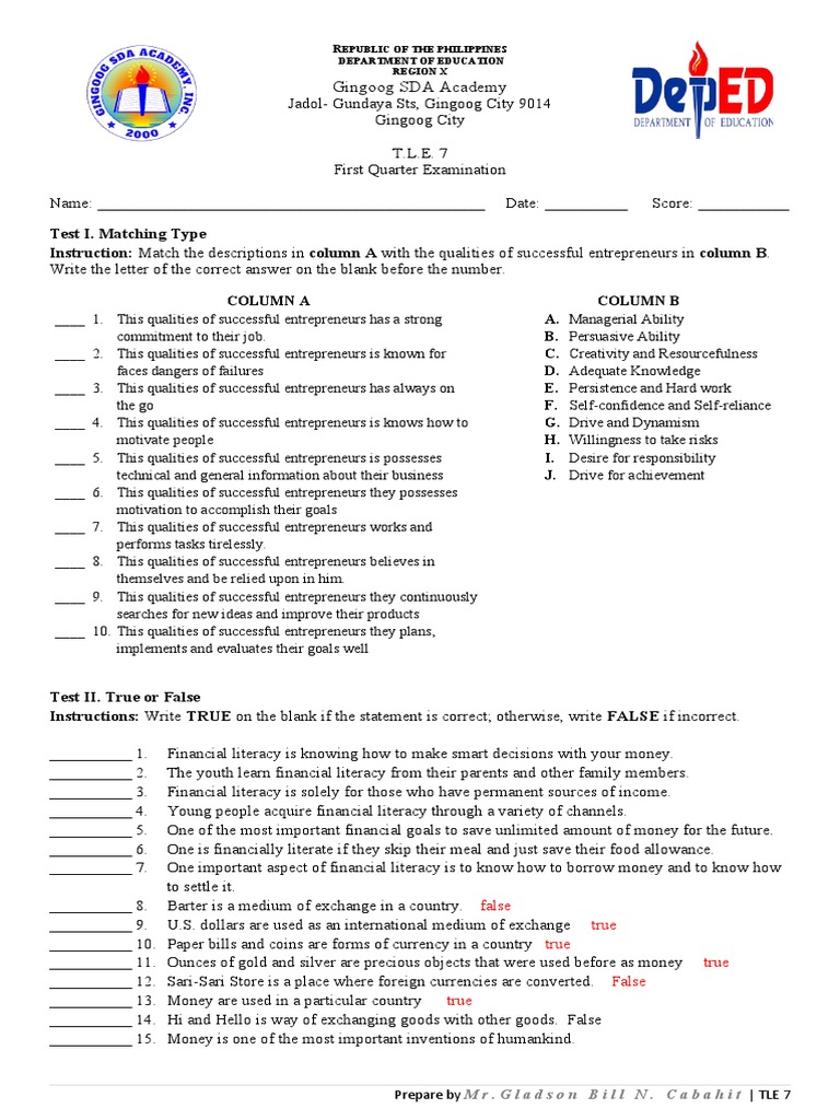 TLE 7 First Quarter Exam | PDF | Money | Entrepreneurship