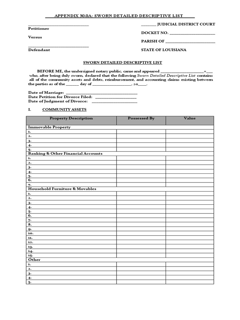 Template Sworn Detailed Descriptive List | Download Free PDF | Notary ...