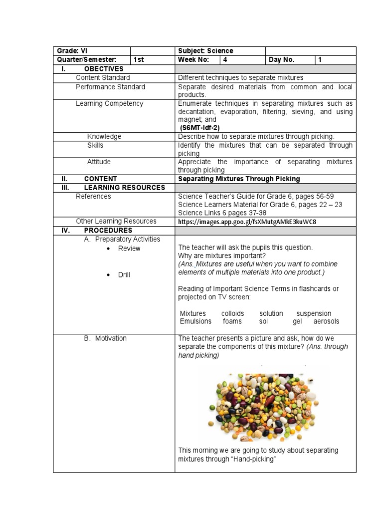 DLP Science 6 - q1 WK 4 Day 1 | PDF | Mixture | Chemical Substances