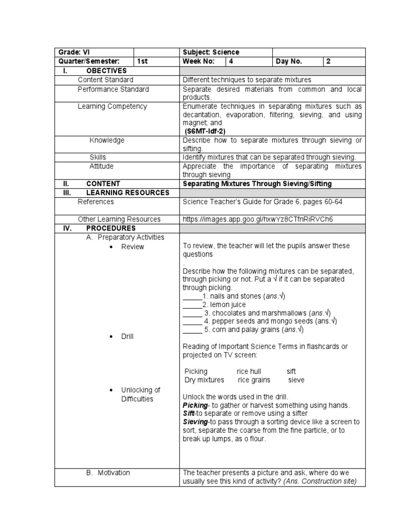DLP Science 6 - q1 WK 4 Day 2 | PDF | Mixture