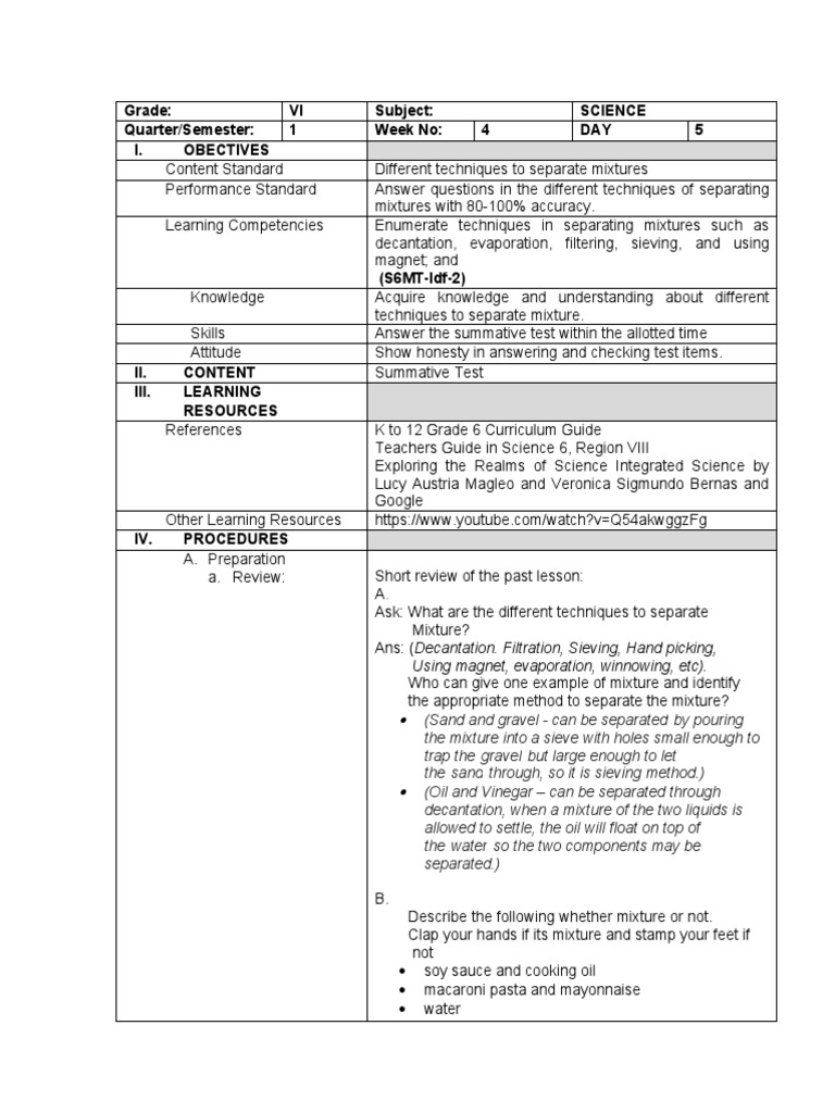 DLP Science 6 - q1 WK 4 Day 5 | PDF | Mixture | Filtration