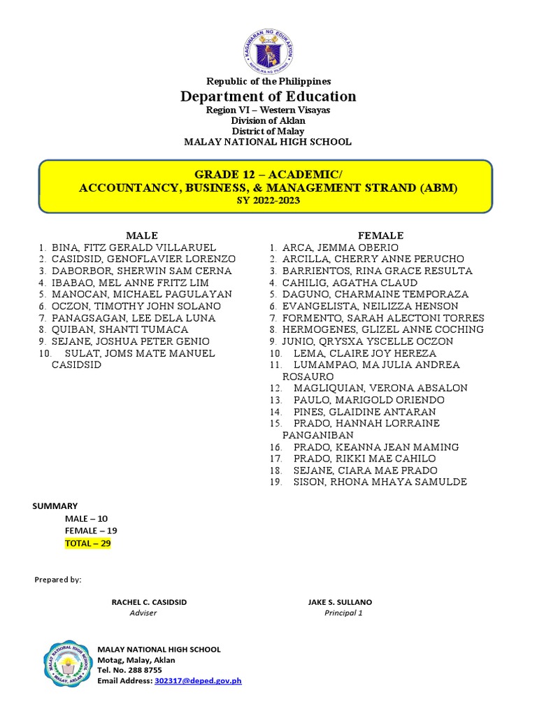 Grade 12 Enrollment Summary 2022-2023 | PDF