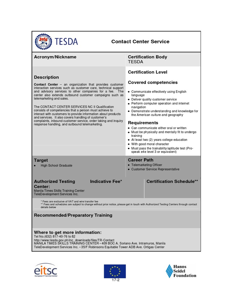 Tesda Cert Contact Center | PDF | Call Centre
