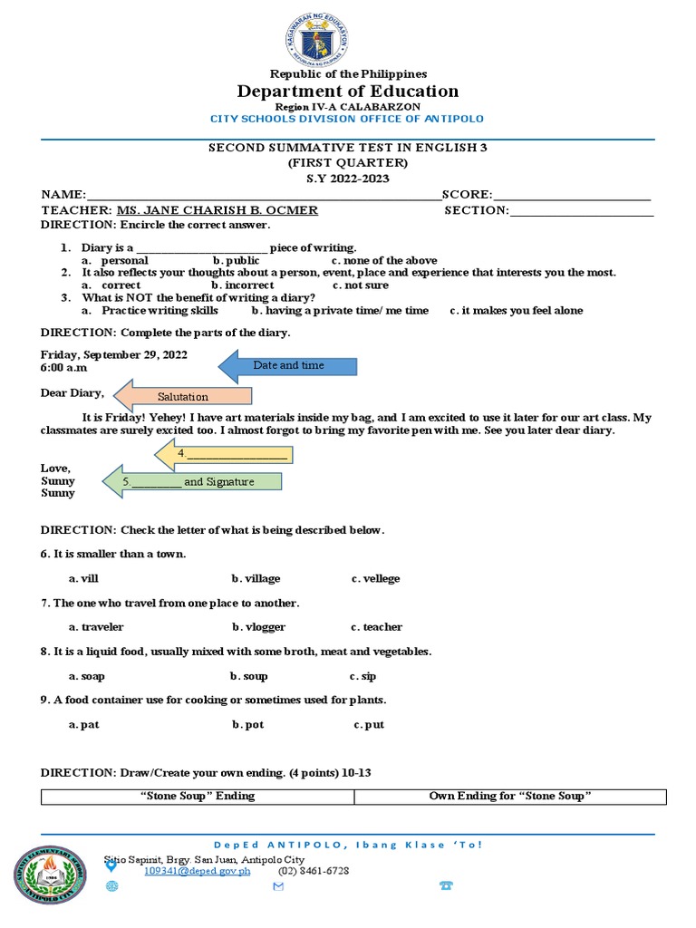 Second Summative Test in English 1Q S.Y 2022-2023 | PDF