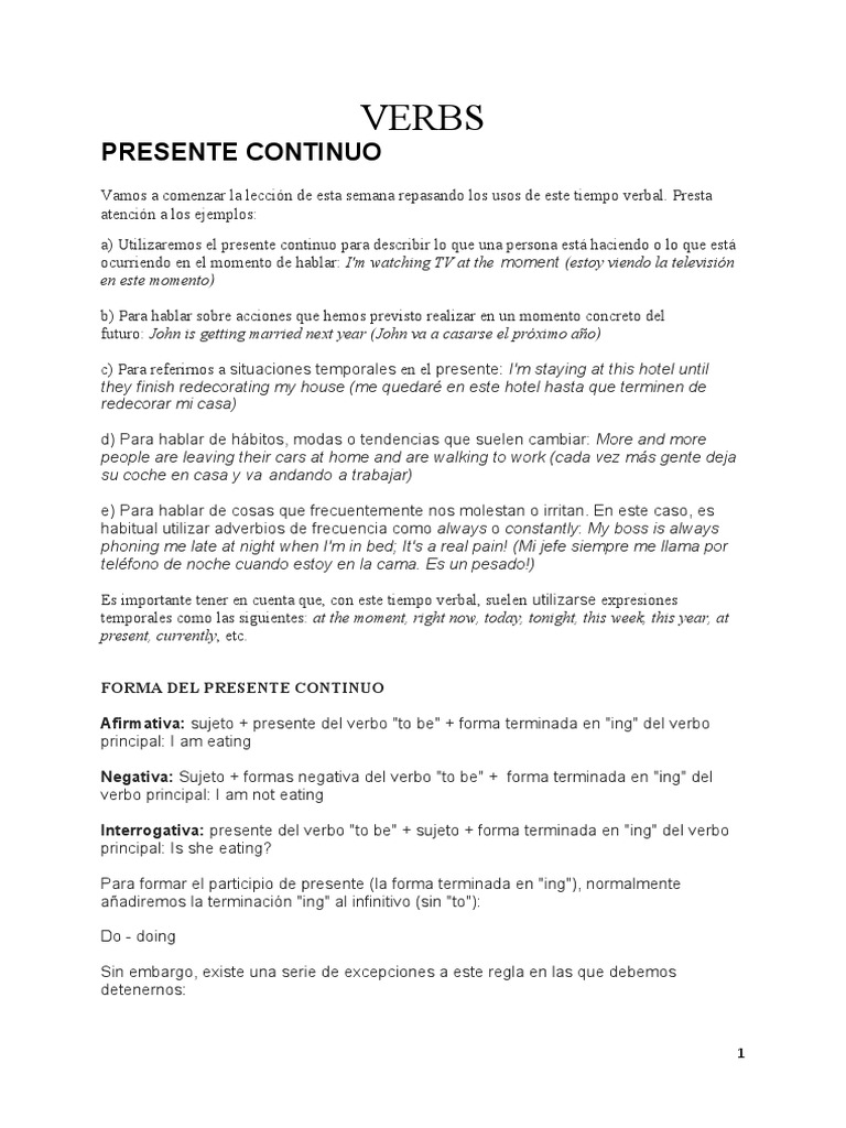 Verbs: Presente Continuo | PDF | Verbo | Morfología