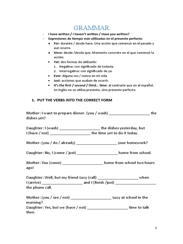 Grammar: 1. Put The Verbs Into The Correct Form | PDF | Vertebra | Bone