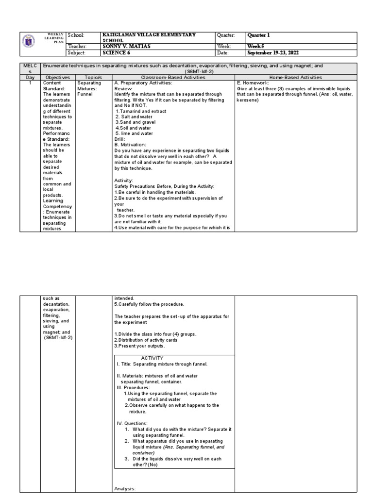 WLP - Science 6-Week 5 - Separating Mixtures | PDF | Filtration | Evaporation