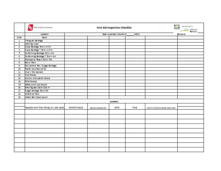 First Aid inspection checklist (Autosaved) | PDF