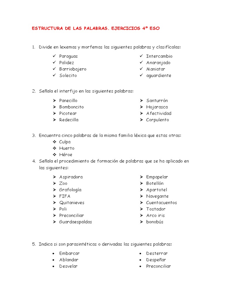 ESTRUCTURA DE LAS PALABRAS. Ejercicios | PDF | Lingüística | Morfología ...