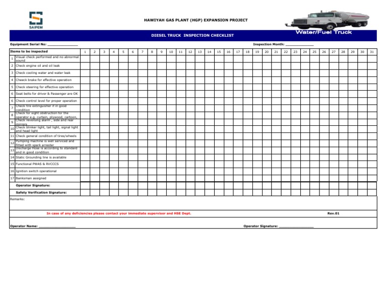 Diesel Truck Daily Checklist | PDF