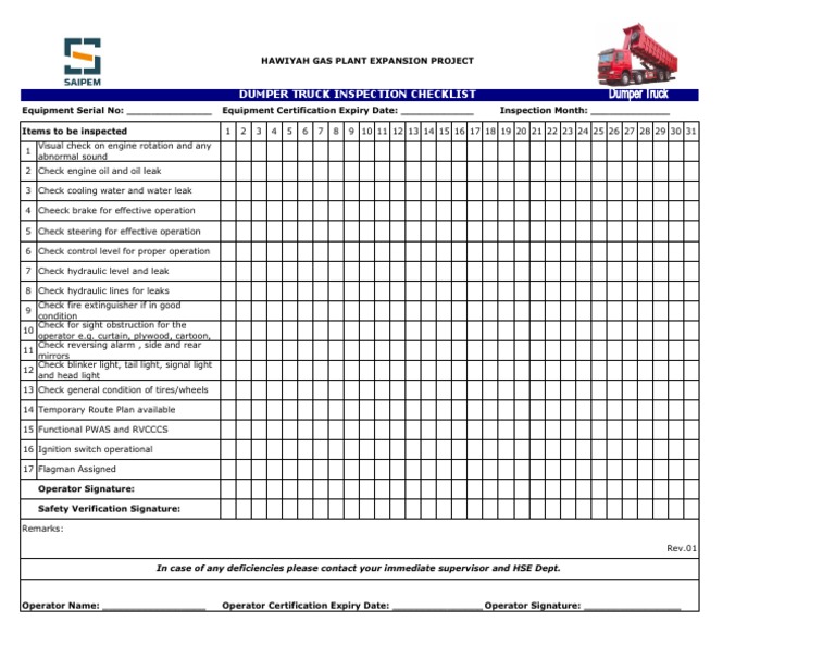 Dumper Truck Daily Checklist | PDF