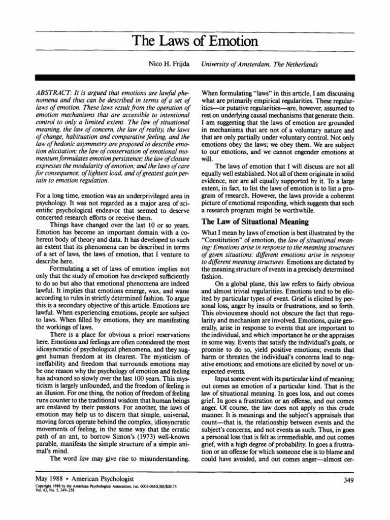 The Laws of Emotion by Niko Frijda | PDF