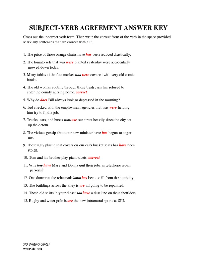 Subject-Verb Agreement Worksheet Answers | PDF