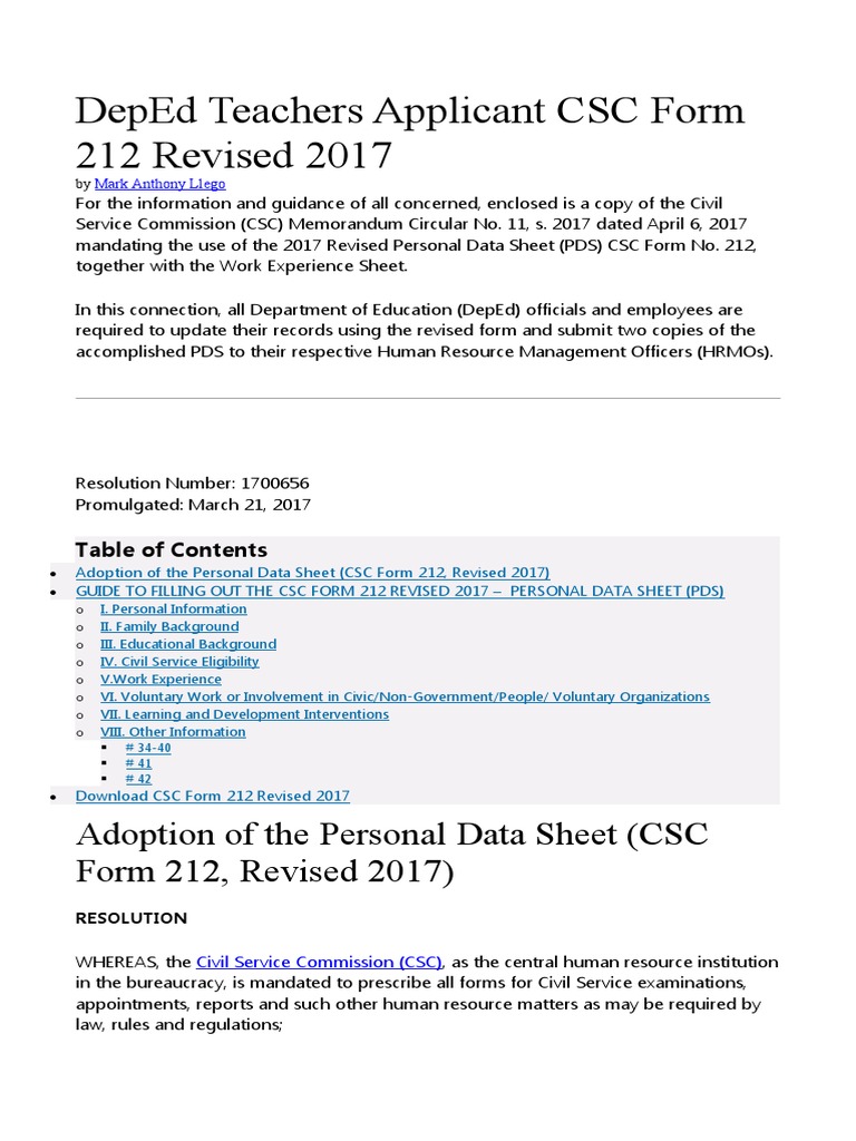 DepEd Teachers Applicant CSC Form 212 Revised 2017 | PDF | Academic ...