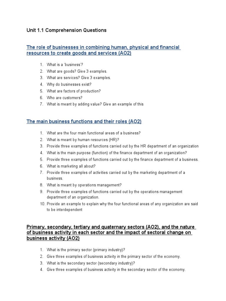 Unit 1.1 - 1.2 - Comprehension Questions | PDF | Entrepreneurship ...