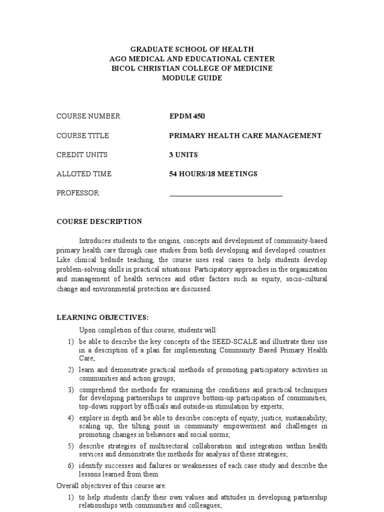 Primary Health Care Management Course Guide | PDF | Top Down And Bottom ...