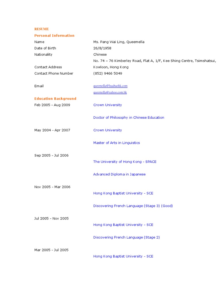 PERSONAL RESUME - PANG Wai Ling Queemella - 2022 | PDF | Standard Chinese | Hong Kong