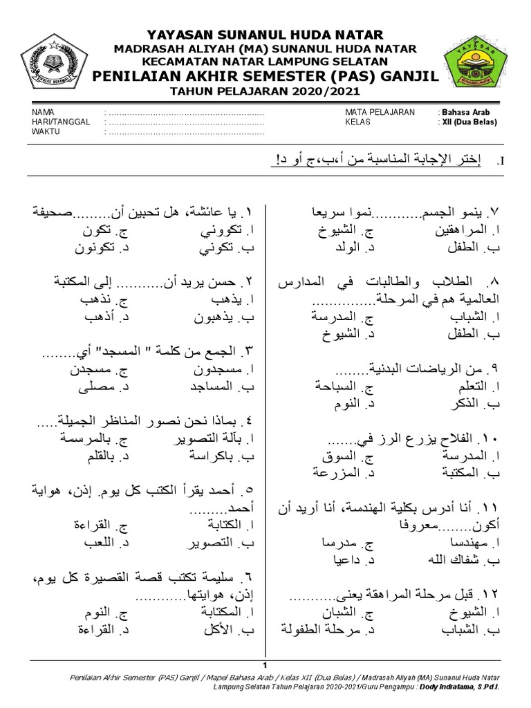 Naskah SOAL PAS Ganjil Bahasa Arab Kelas 12 TP 2020-2021 | PDF