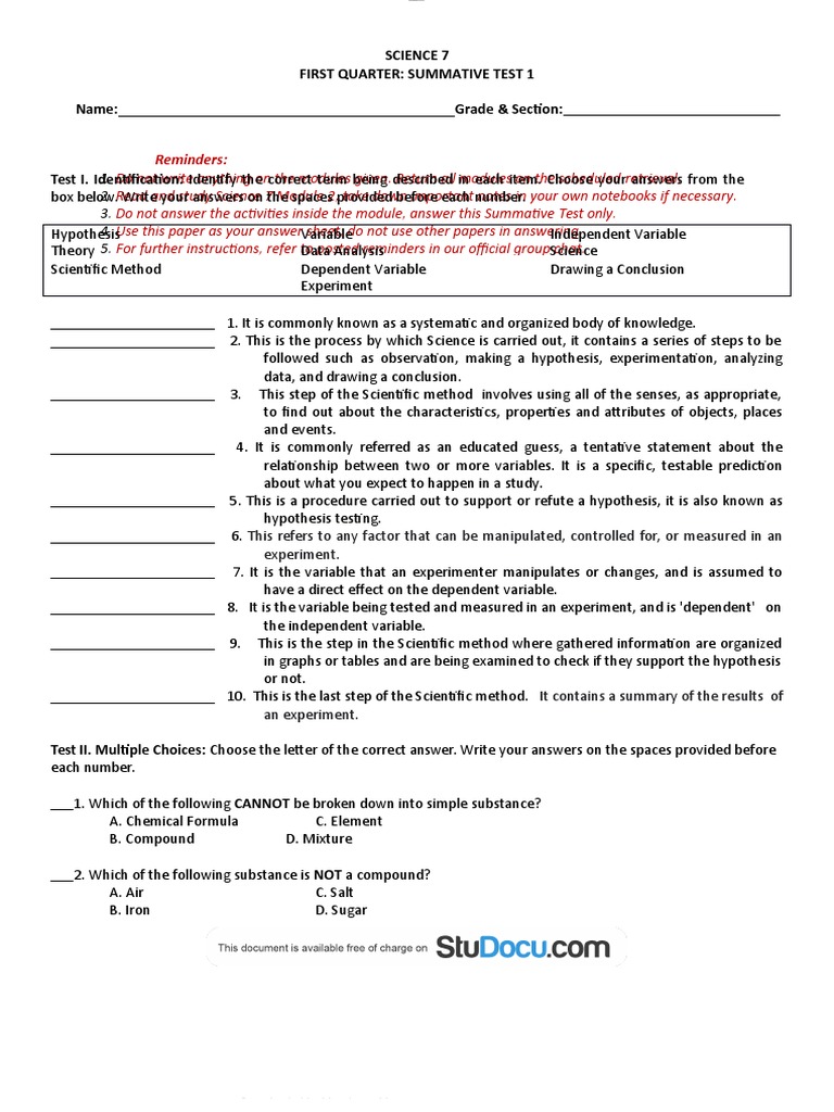 Science 7 Summative Test 1 | PDF | Chemical Substances | Chemical Compounds