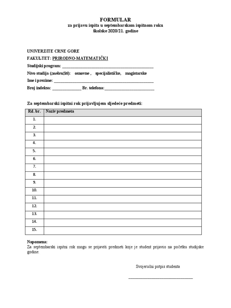 FORMULAR Za Prijavu Ispita - 2 | PDF