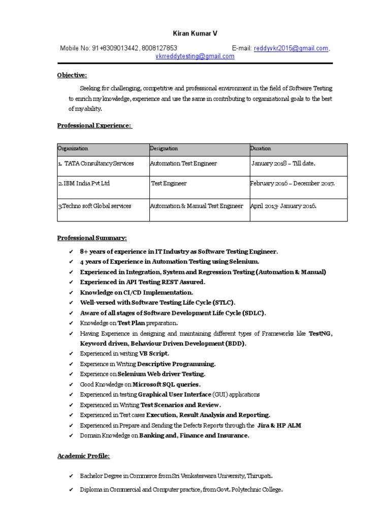 Kiran Kumar V: Software Testing Profile | PDF | Selenium (Software ...