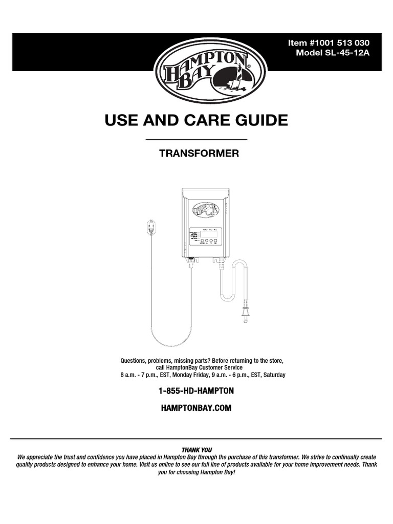 Hampton Bay SL-45-12A Transformer Use and Care Guide EN | PDF ...