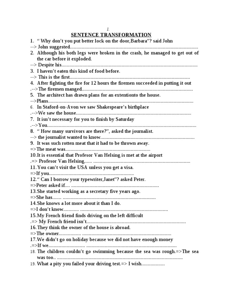 Sentence Transformation Exercises | PDF