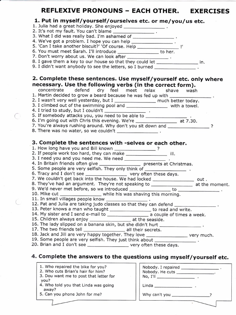 Reflexive Pronouns Exercises | PDF