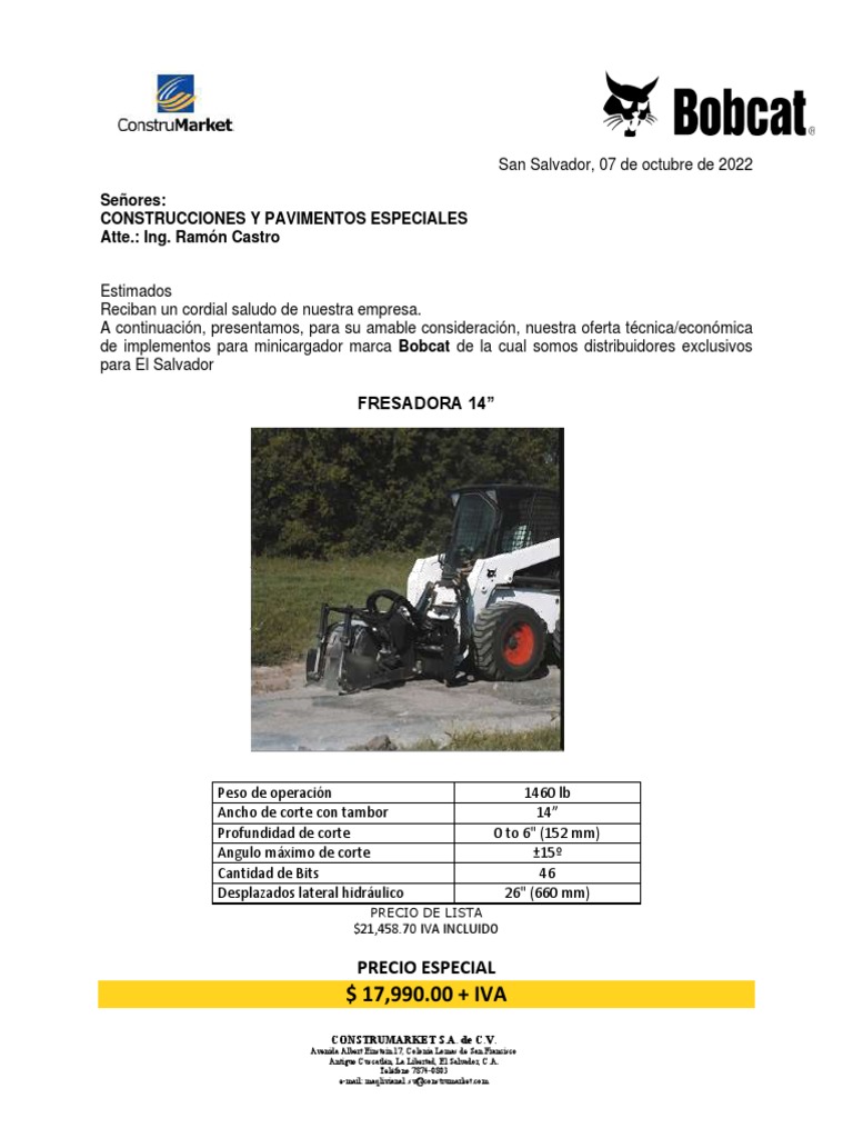 Oferta Fresadora BOBCAT 14 PLG PAVESA | PDF | Oferta (economía) | El Salvador
