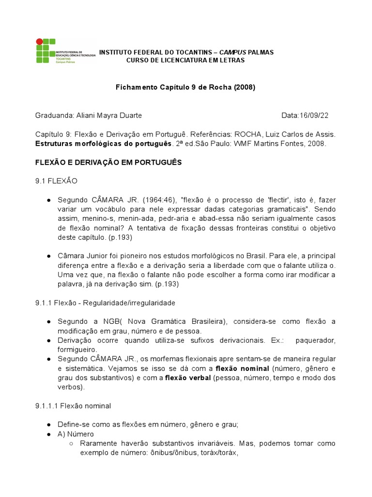 Morfologia - ROCHA, 2008. Cap 9 | PDF | Palavra | Substantivo