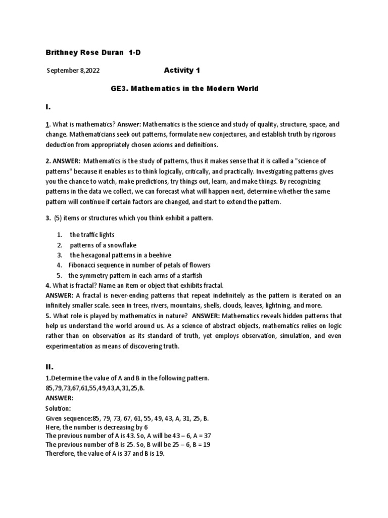 Mathematics Duran Act.1 | PDF | Pattern | Mathematics