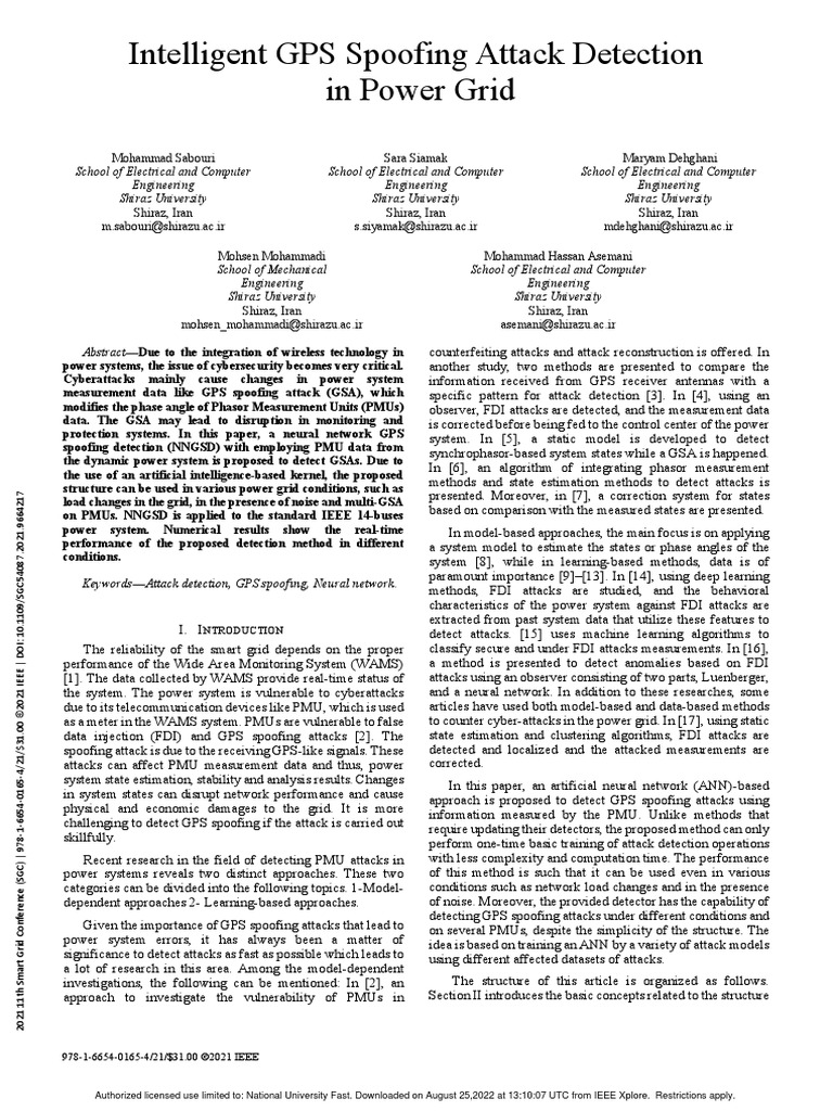 Intelligent GPS Spoofing Attack Detection in Power Grid: Abstract-Due To The Integration of ...